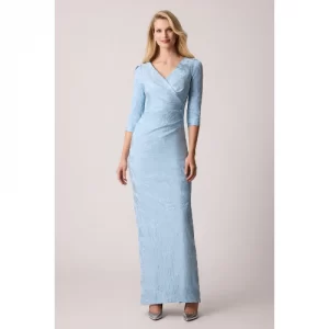 Teri Jon Stretch Jacquard 3/4 Sleeve V Neck Ruched Gown - Helen Ainson